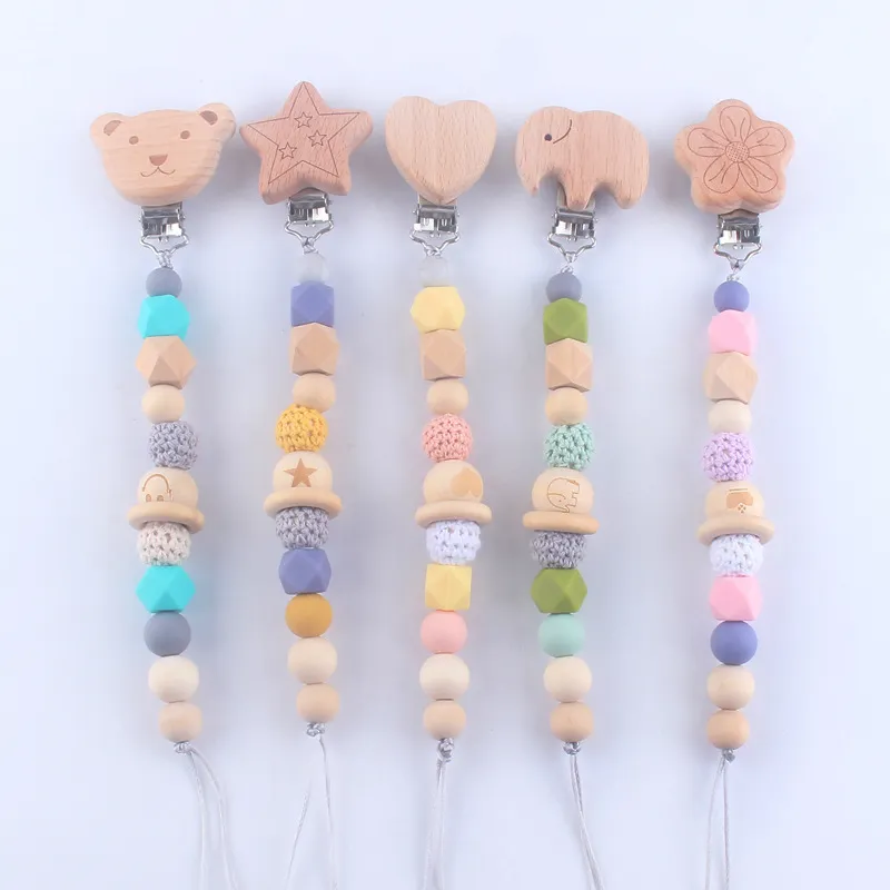 Premium Silicone Pacifier Holder Clip - Natural Wood Teething Soother ...