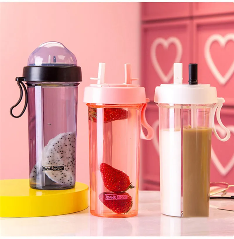 Couples Straw Water Bottle, 2024 Double Straw Drinking Bottle, Portable ...