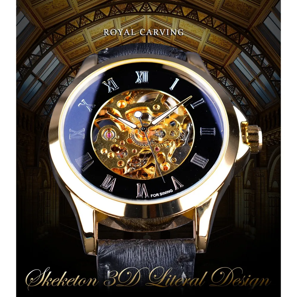 Hot Sale Golden Roman Numeral Automatic Skeleton Watch For Men Classic ...