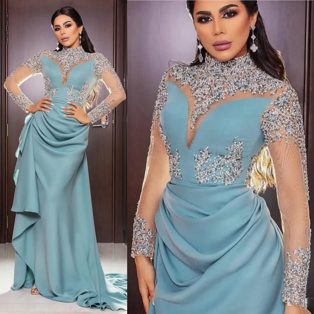 Arabic Blue High Neck Turtleneck Prom Dress With Crystal Beading And ...