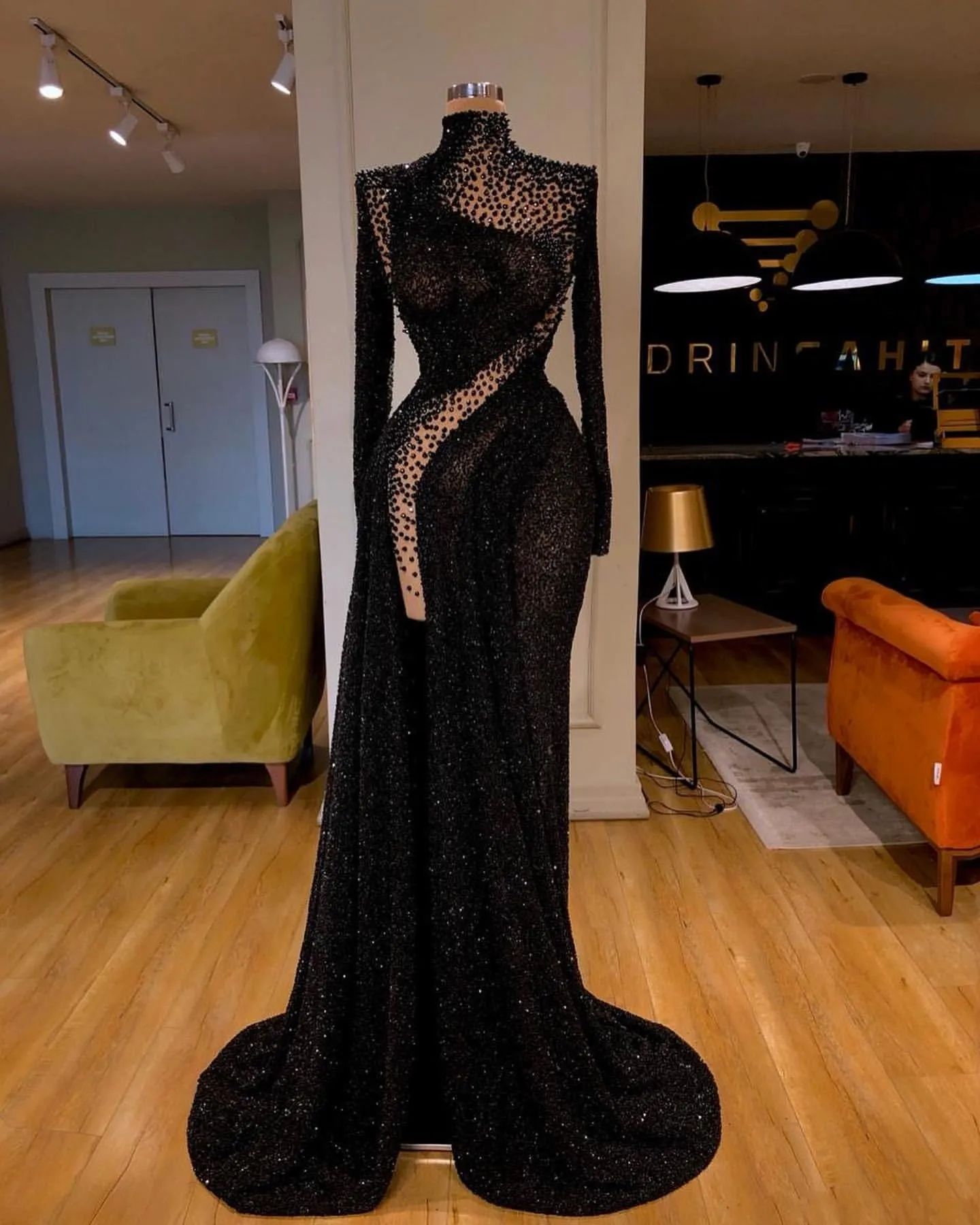 Elegant Black Mermaid Prom Dress: Glitter Sequins, High Neck, Long ...