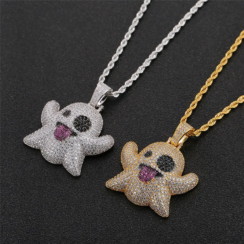 Iced Out Ghost Diamond Star Pendant With 4mm Tennis Chain Rope In Gold ...