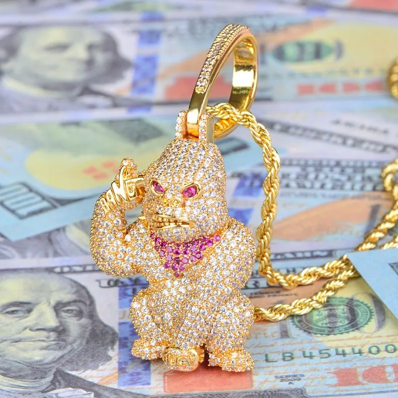 Iced Out Gorilla Pendant Necklace - Hip Hop Diamond Donkey Kong, 3D ...