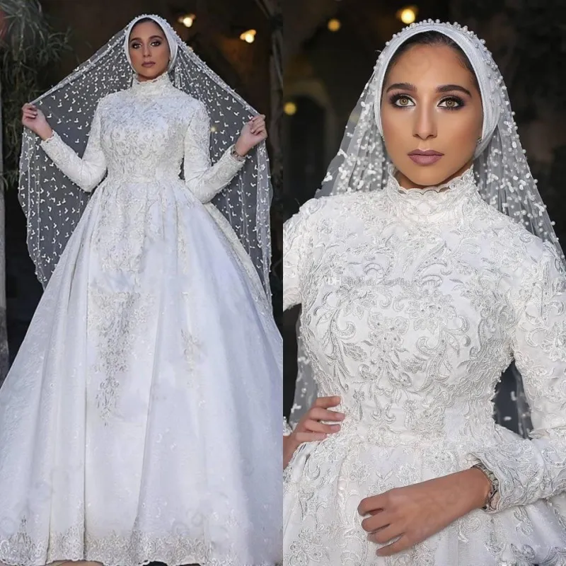 Bridal Gown Muslim: Elegant High Neck Long Sleeve Lace Applique Beaded ...