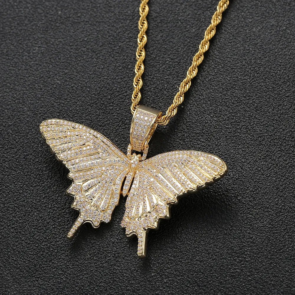 Iced Out Butterfly Pendant Necklace With Rope Chain Gold & Silver Cubic ...