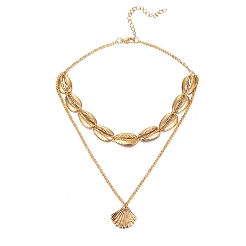 Puka Shell Necklaces Metal Double Chain Chokers Alloy Scallop Pendant ...