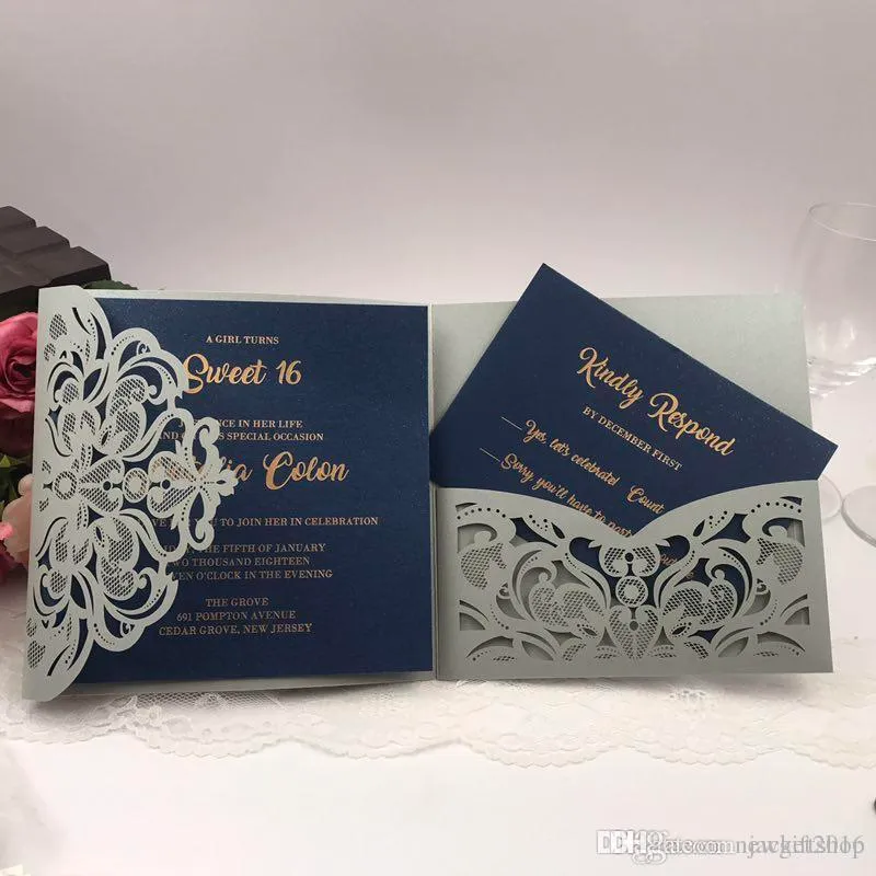 Elegant Navy Blue Laser Cut Wedding Invitations - Personalized Pocket ...