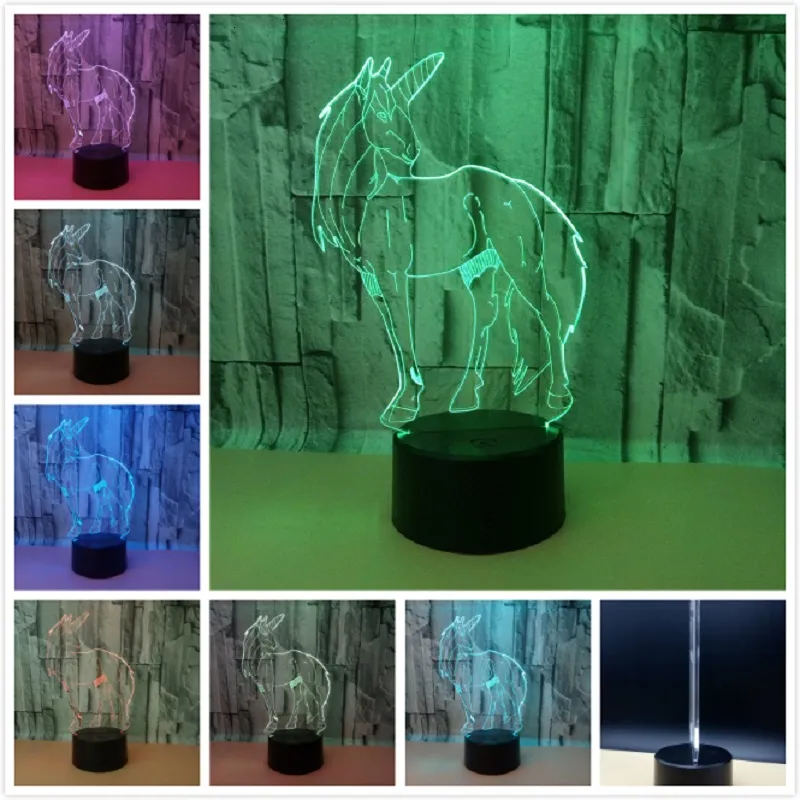 3D Unicorn Illusion LED Night Lamp Rave Toy, 7 RGB Colorful Lights, USB ...