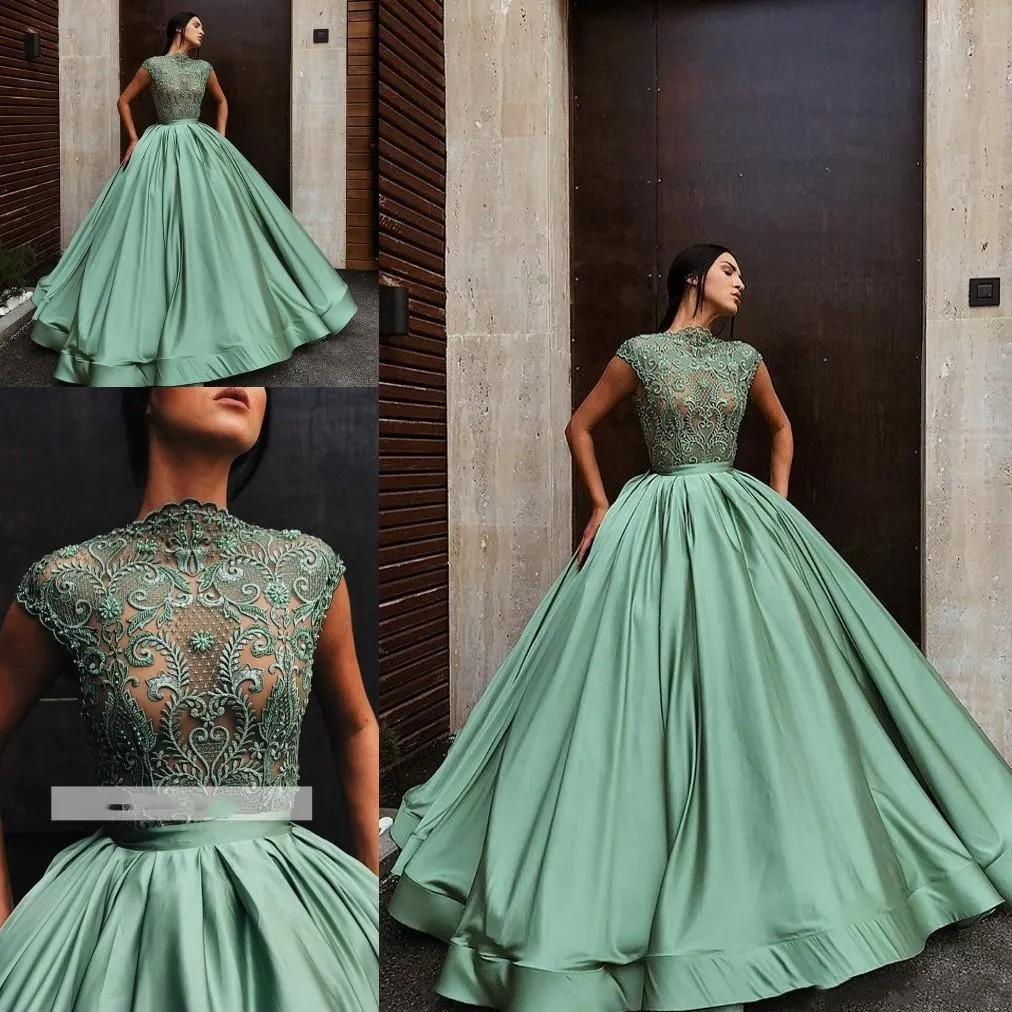 Vintage Groene Prom Jurken 2020 Illusie Kant Top Avondjurk Cap Mouwen ...