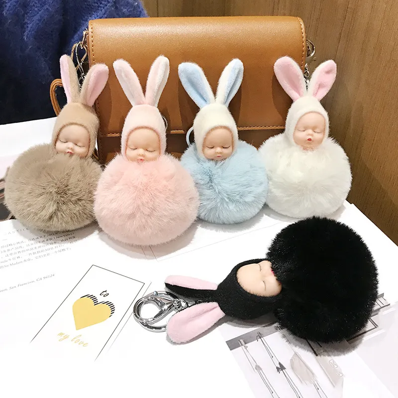 Cute Sleeping Baby Doll Keychain Pompom Rabbit Ear Ball Carabiner Key ...