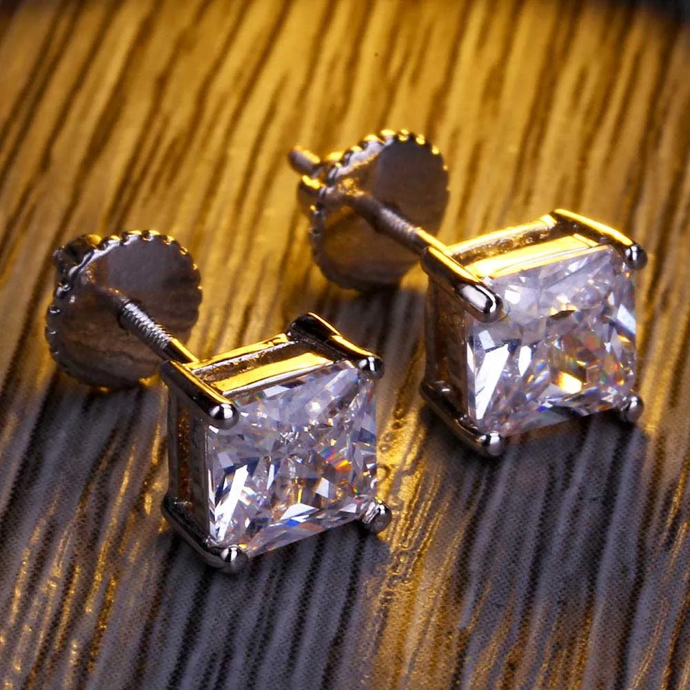 18K Gold Square Stud Earrings With Cubic Zirconia For Men And Women ...
