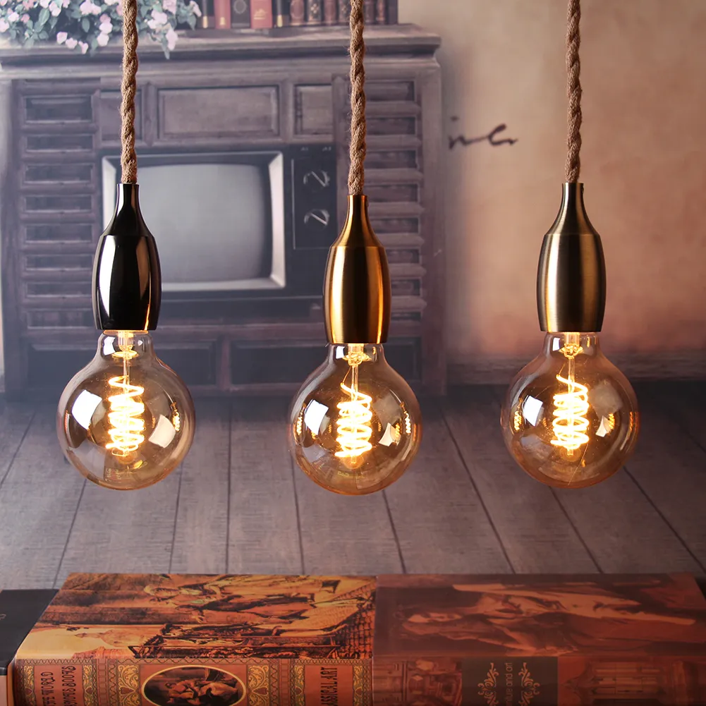 Nordic Hemp Rope Pendant Lights E27 LED Hanging Lamp Modern Industrial ...