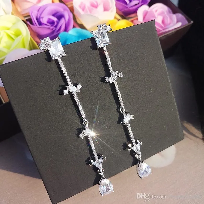Fashion Wavy Rectangular Shape Cubic Zirconia Drop Earring Shiny Sliver ...