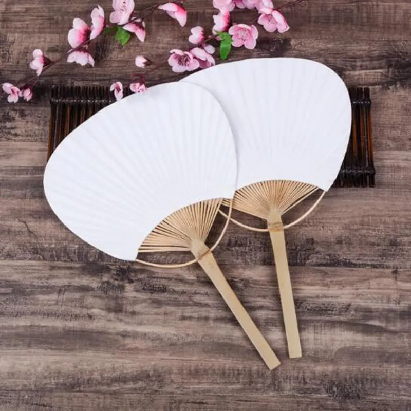 Large Paper Fans With Bamboo Handles Double Sided Blank White Round ...