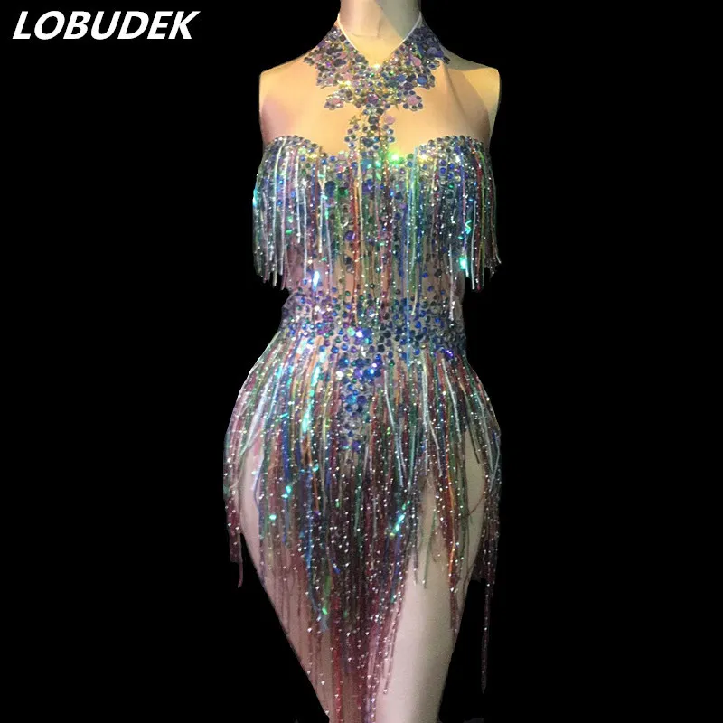 Colorful Tassel Sequin Bodysuit With Flashing Crystals And Backless