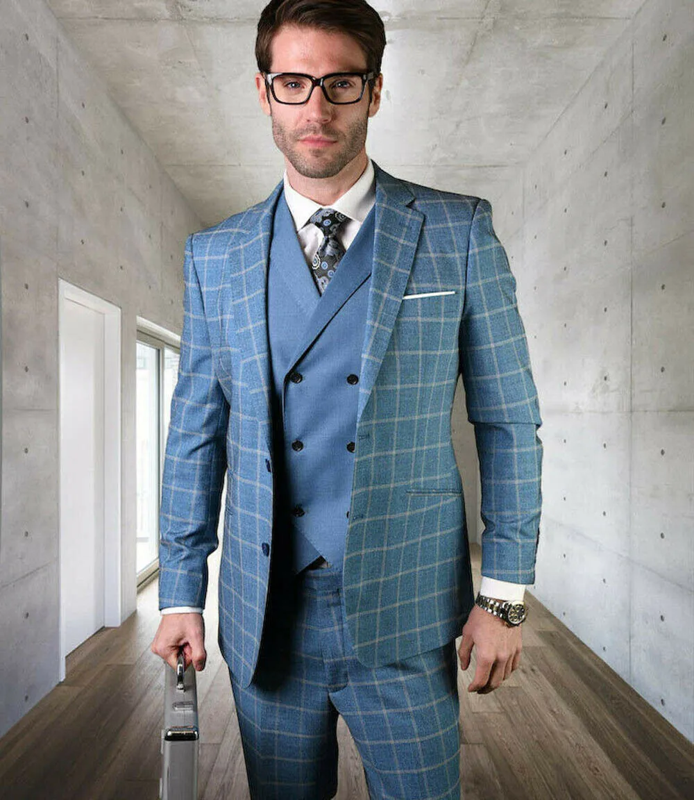 Blue Prom Suits For Men, Men's Blue Check Plaid Suit Classic Fit Two ...