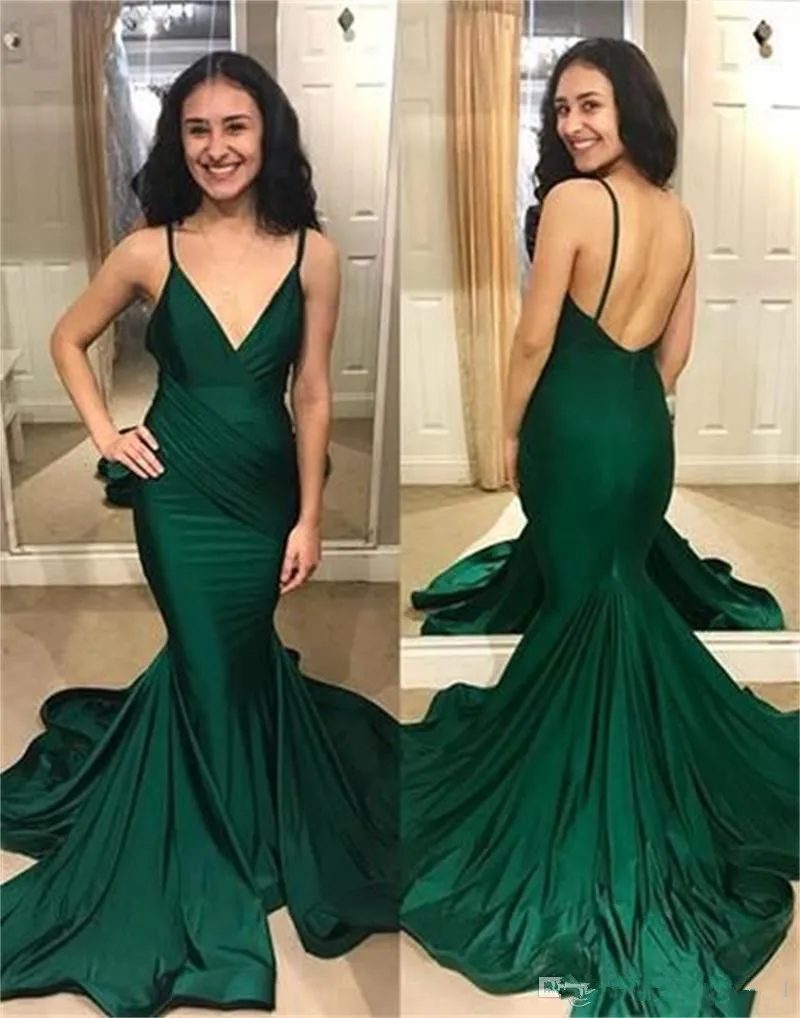 Elegant Floor Length Emerald Green Mermaid Prom Dress V Neck Straps Satin Backless Long Prom ...