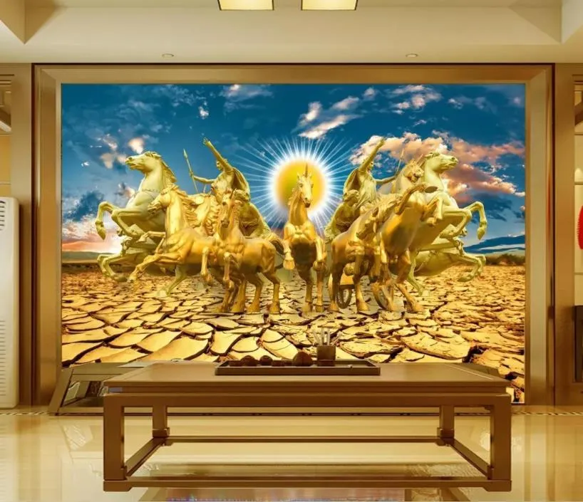 Custom photo 3D wallpaper mural silk with gold horse pattern for living ...