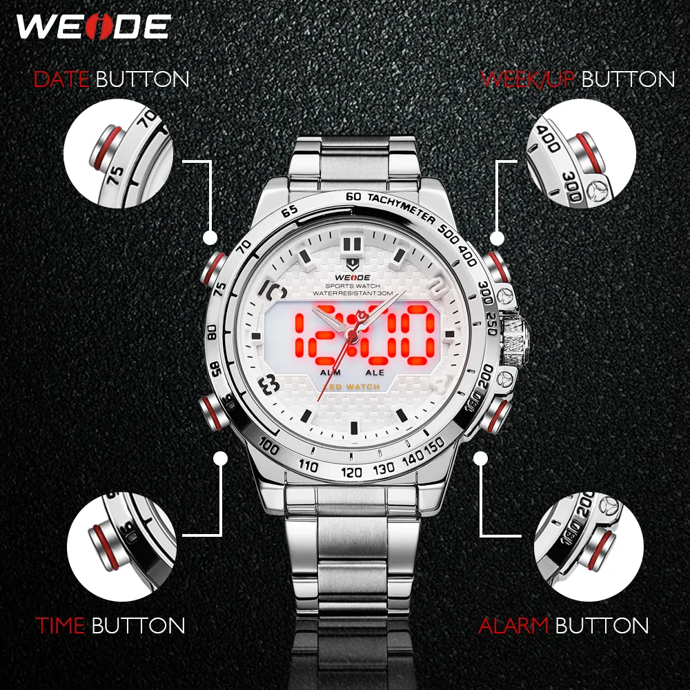 WEIDE Men's LED Watch: Stainless Steel Military Style Alarm Chronograph ...