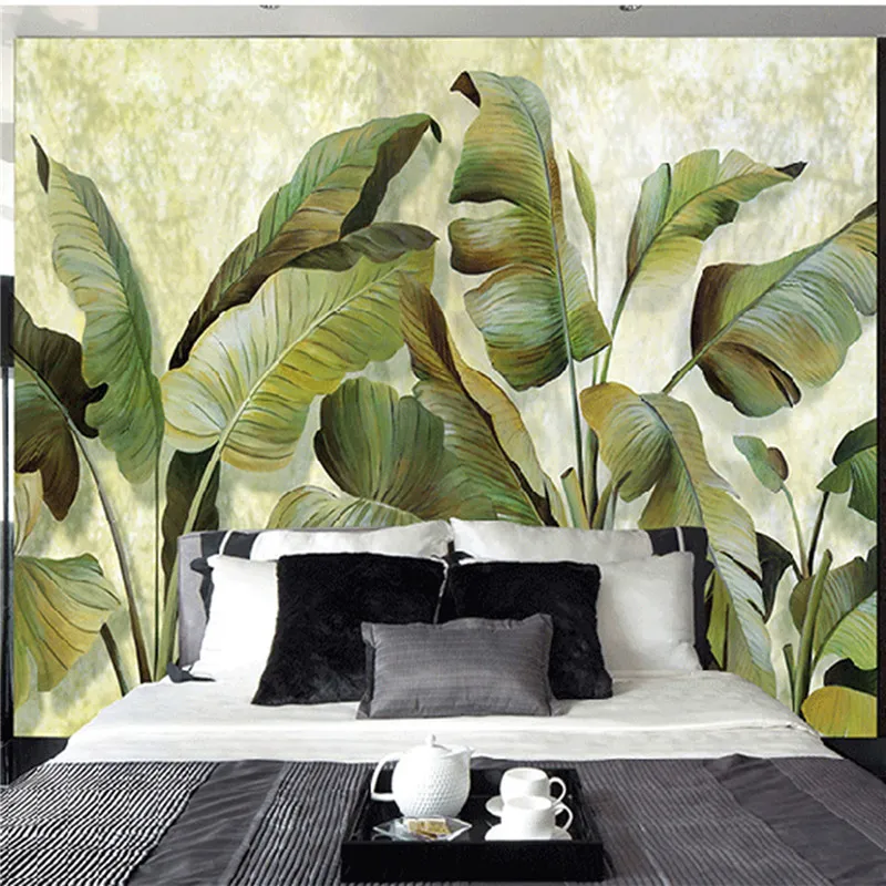 Custom Mural Wallpaper Tropical Green Banana Leaf Non Woven Moisture ...