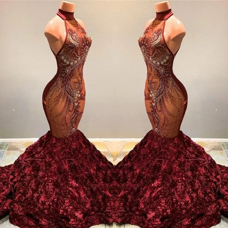 Burgundy Lace Mermaid Mermaid Prom Dresses 2023 With Ruffled Flowers