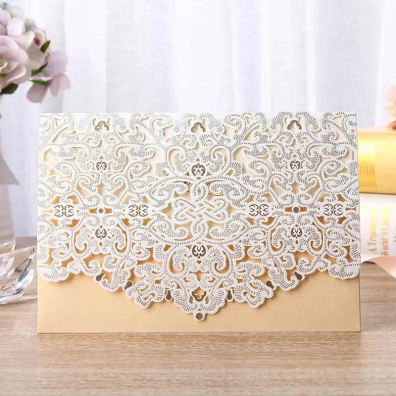 Elegant Laser Cut Wedding Invitations - Beige Foil Embossed Pocket ...