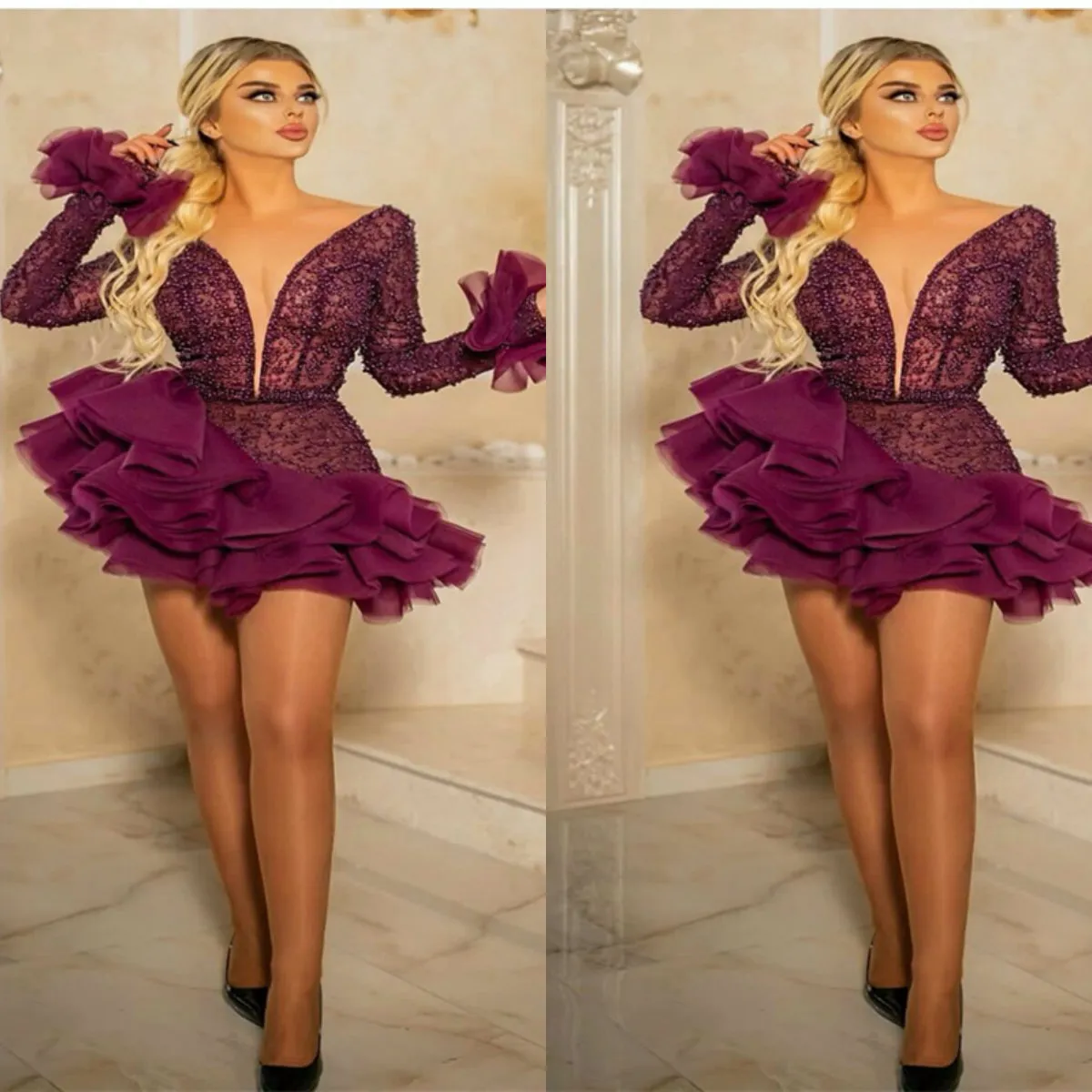 Party evening gown short A-line tulle dress with long sleeves and full ...