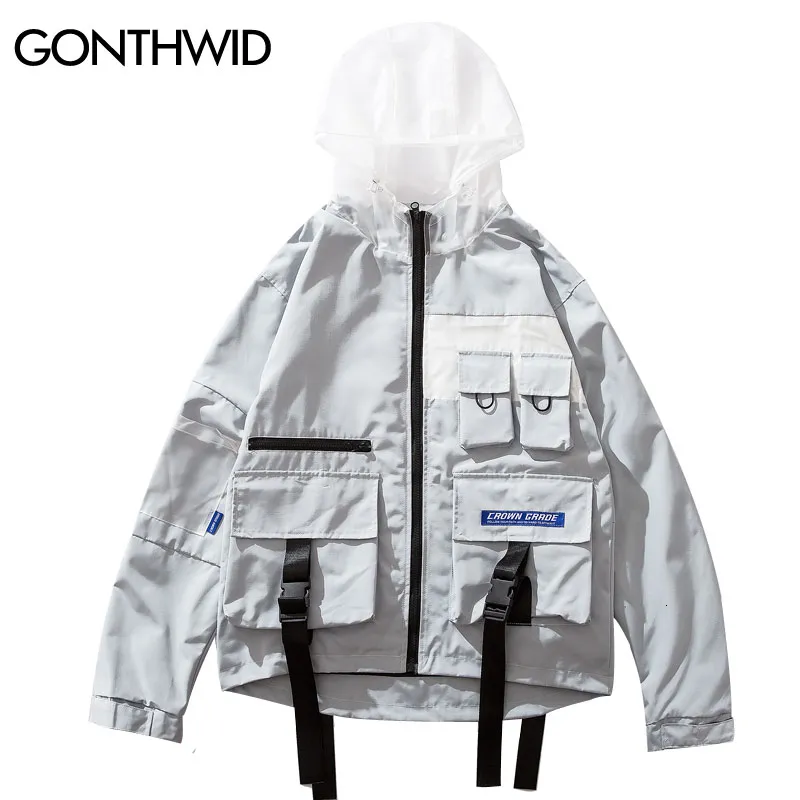 GONTHWID Buckle Ribbons Multi Pockets Hooded Windbreaker Jackets Hip ...