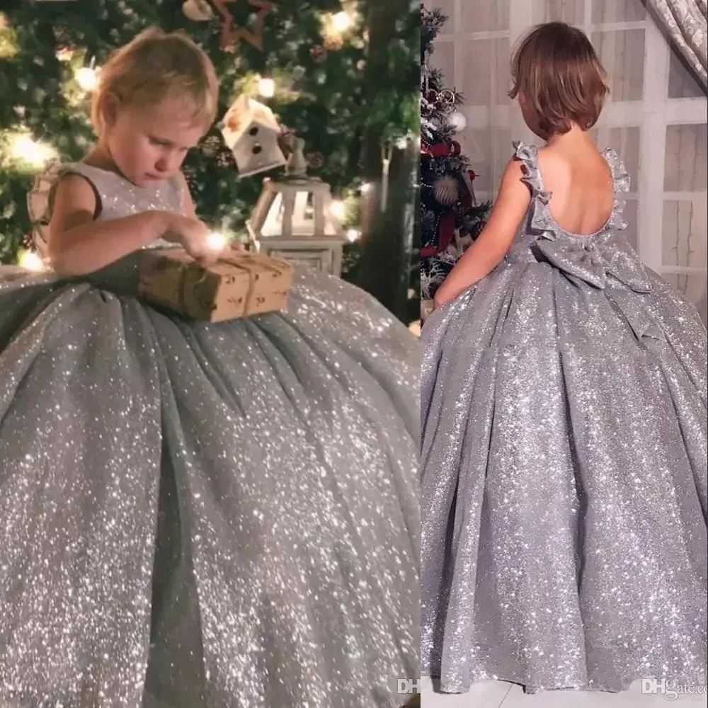 Silver Gray Sequined Princess Evening Gown Pageant Dress For Girls With ...