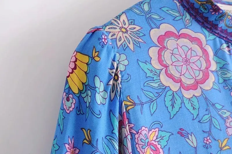 Teelynn Red Boho Blouse With Birds And Floral Print Vinatge O Neck