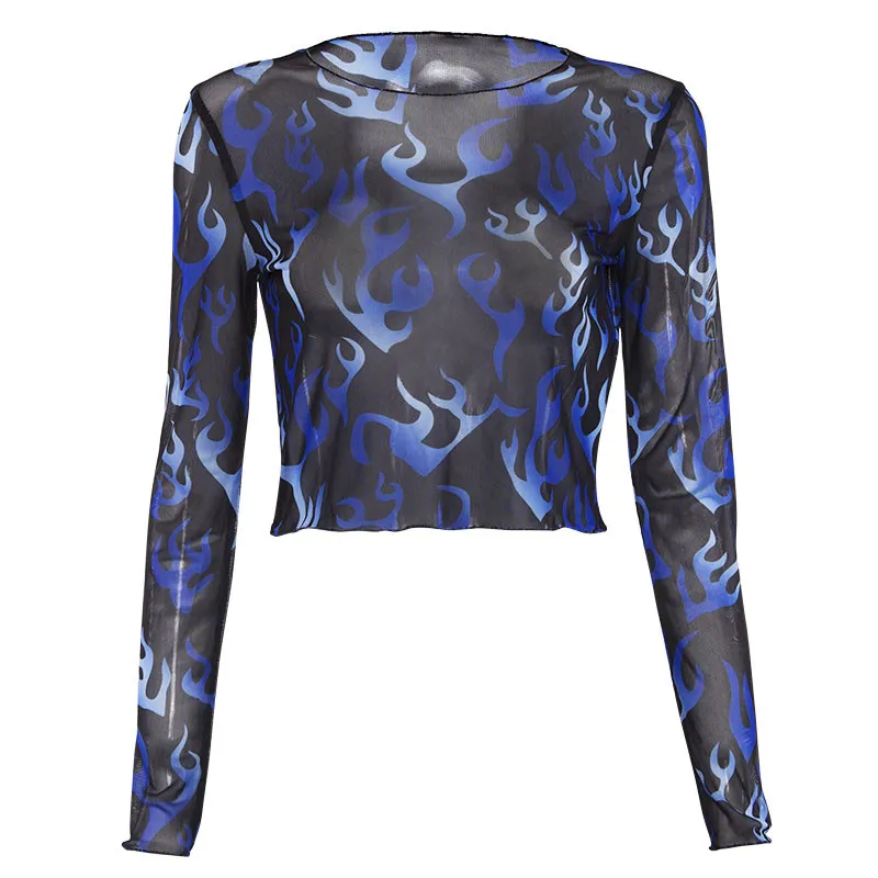 Fashion Women Mesh Sheer Top Long Sleeve Floral Printed Transparent T ... Fashion Women Mesh Sheer Top Long Sleeve Floral Printed Transparent T ...
