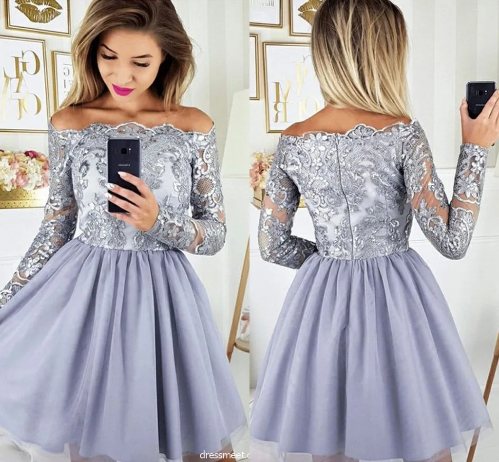 Off Shoulder Short Satin Prom Dress with Lace Appliques and Long ...