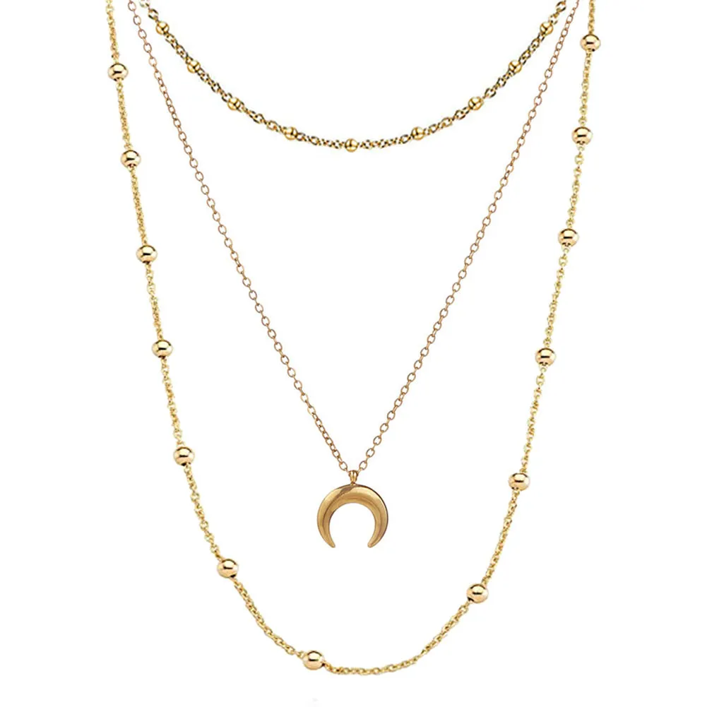 Layered Crescent Moon Necklace - Stainless Steel Chains, Trendy Womens ...