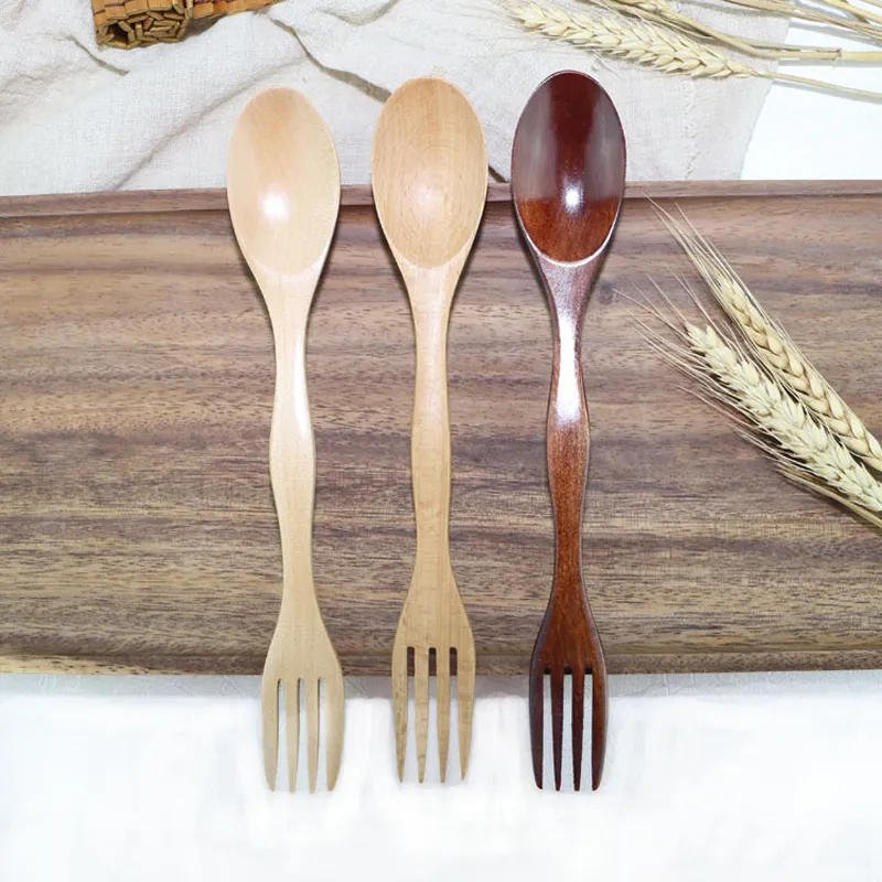 2 In 1 Dual Head Wooden Cutlery Fork And Spoon Set Portable Tableware ...