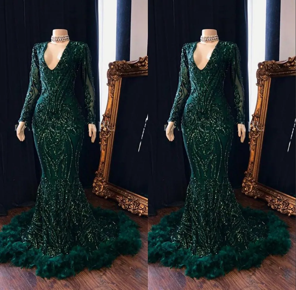 Dark Green V Neck Feather Mermaid Prom Dresses Long Sleeves Reflective ...