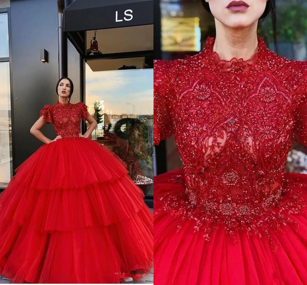 Red Quinceanera Dress High Neck Short Sleeves Lace Appliques Crystal ...