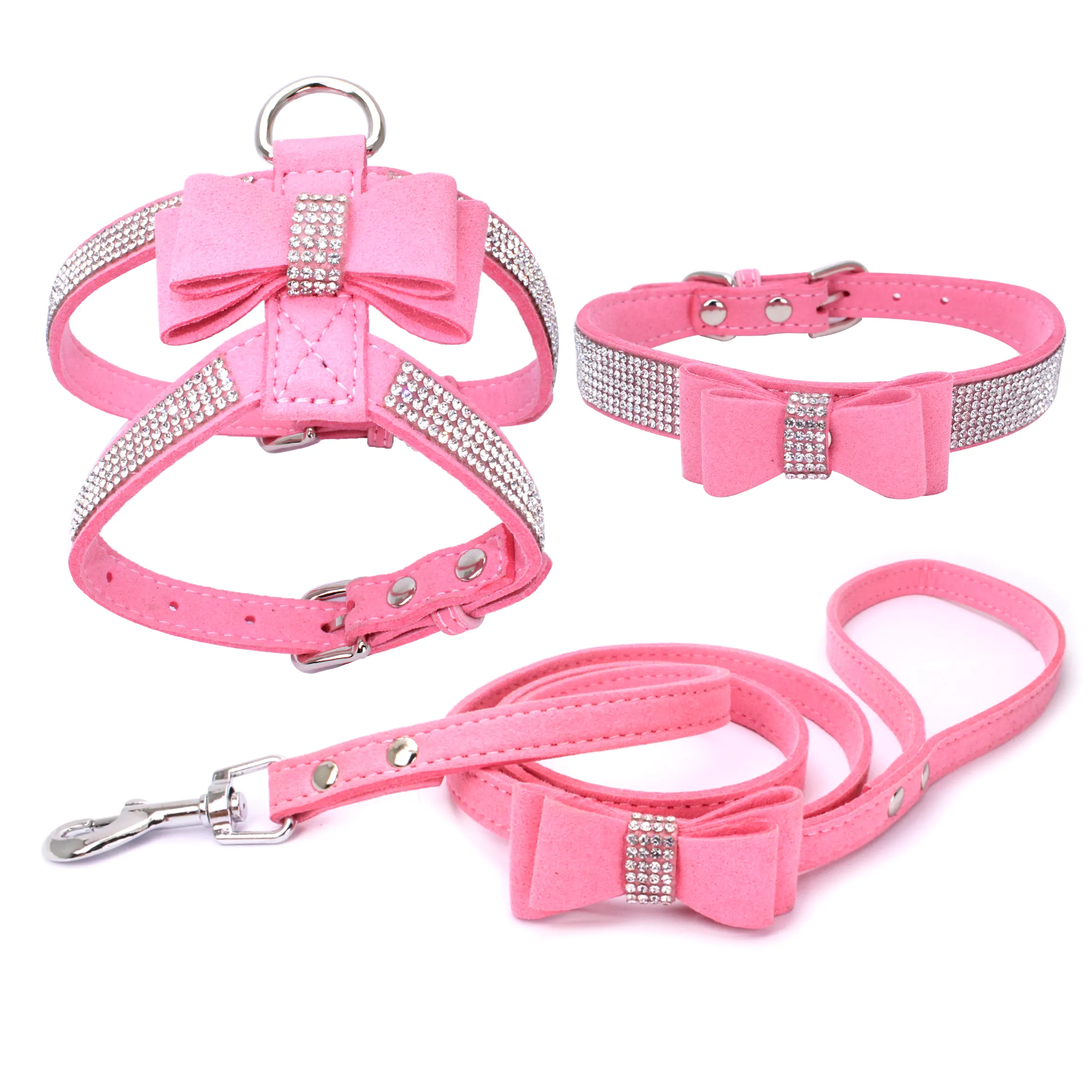 Adjustable Suede Dog Harness Collar & Leash Set with Diamonds - Soft ...
