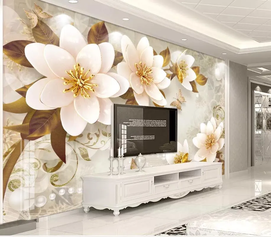 3D embossed jewel flower silk wallpaper with floral pattern for living ...