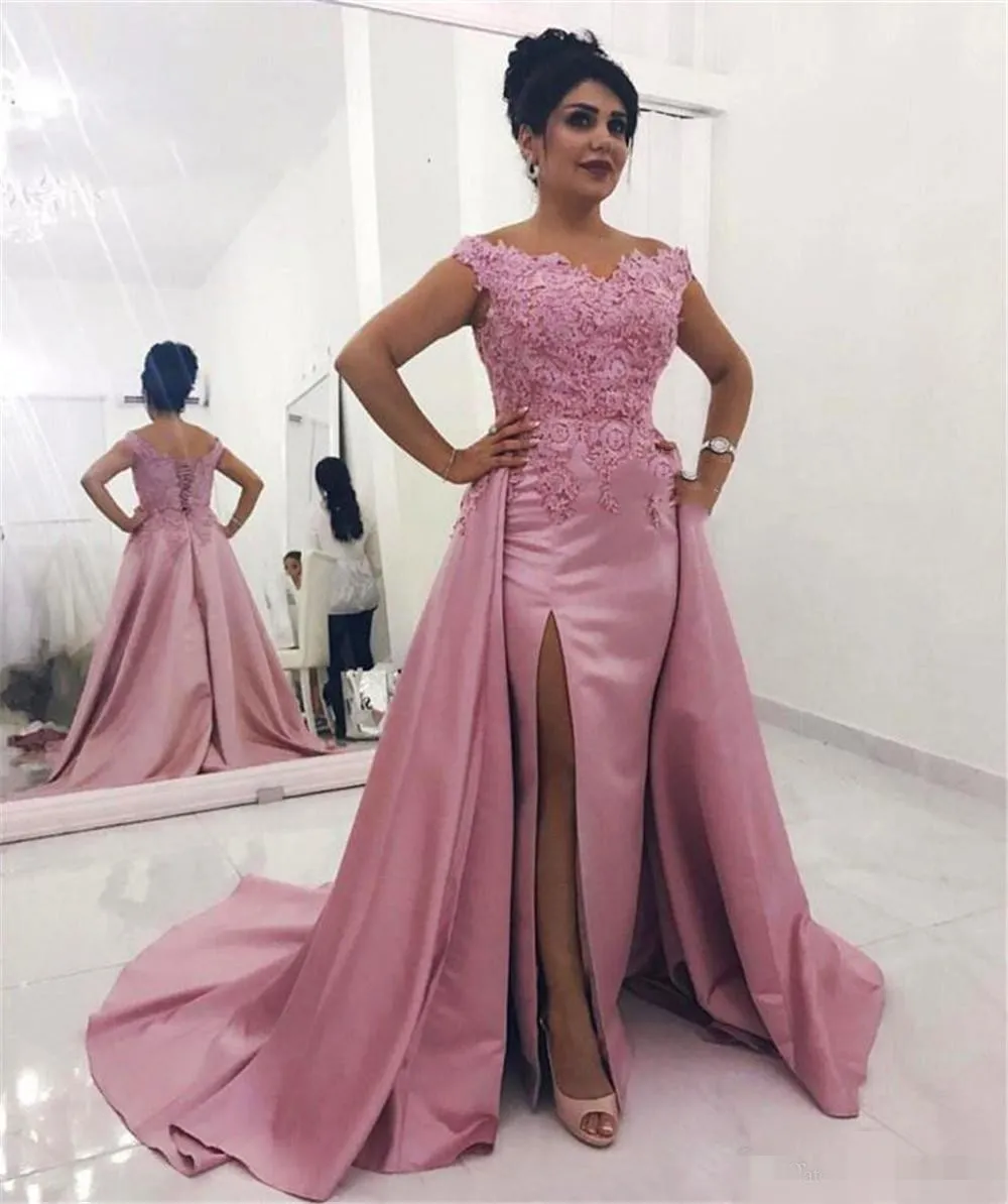 Custom Made Pink Lace Applique Plus Size Cap Sleeve Evening Gown With