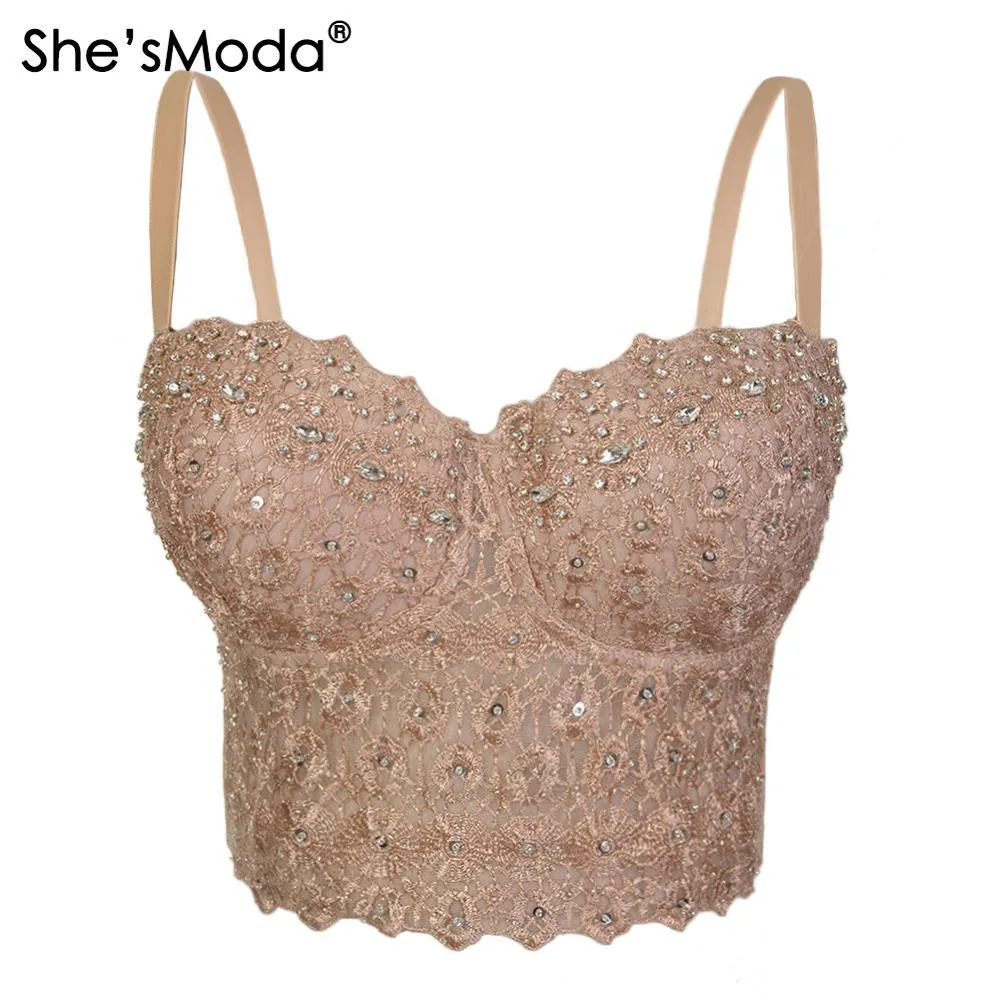 Shesmoda Nude Mesh Lace Bead Bustier Pearls Diamond Push Up Night Club