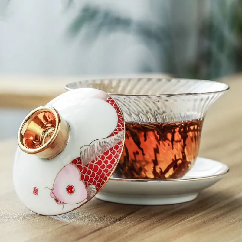 Fish Enamel Glass Gaiwan Porcelain Tea Tureen Cup Saucer Lid Fish Print ...