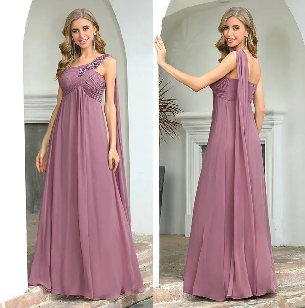 Dusty Pink Chiffon Bridesmaid Dress for Women with Applique Beading ...