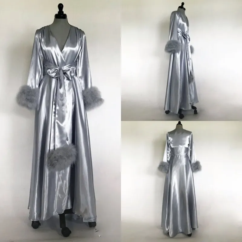 Silver Grey Faux Fur Women Bathrobe Nightgown Sleepwear Bridal Robe ...