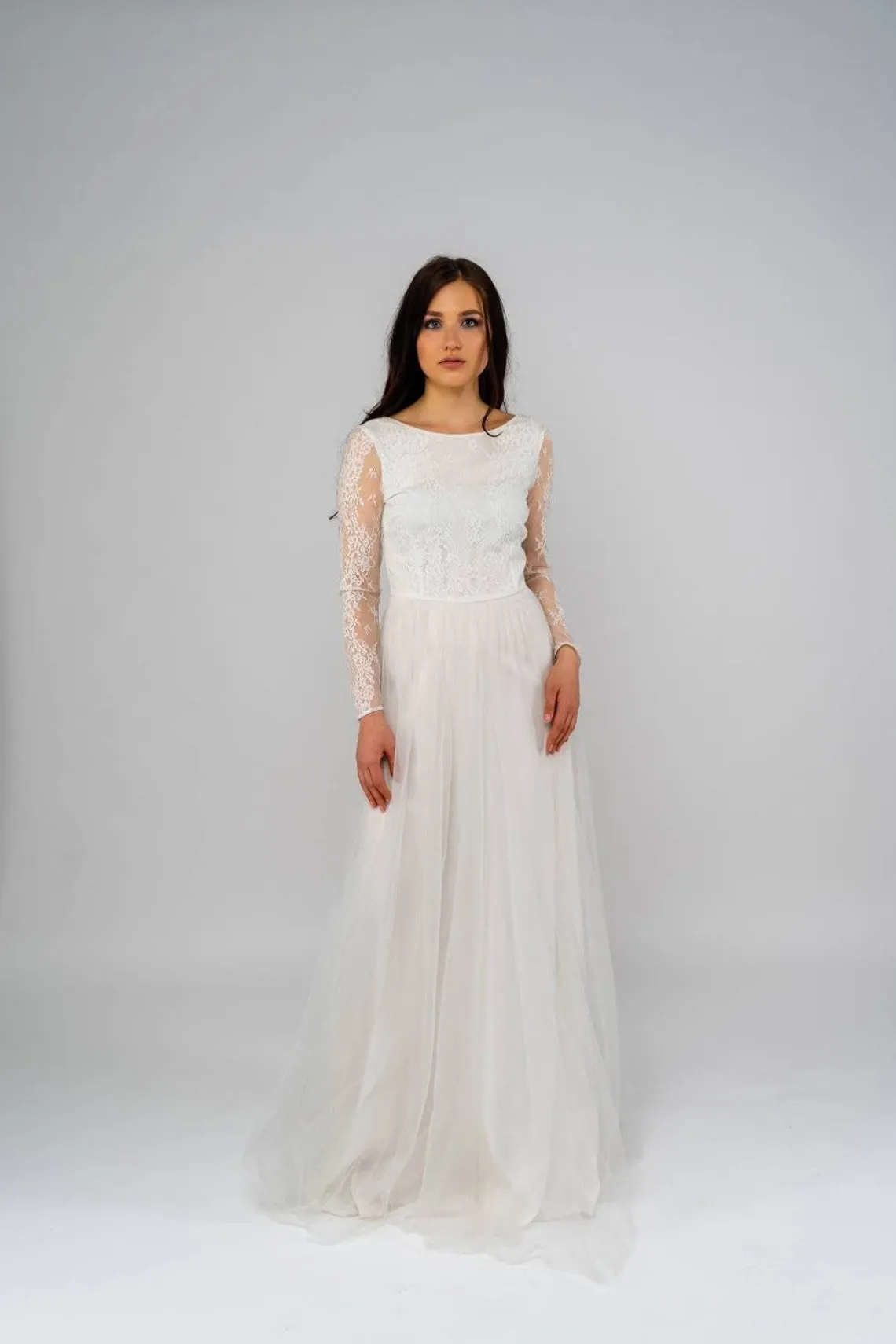 Boho Lace Tulle Sarah Hyland Wedding Dress With Full Sleeves Elegant ...