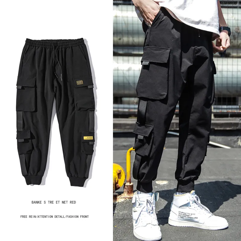 Mens Black Harem Cargo Joggers For Men With Multi Pocket Ribbons Hip