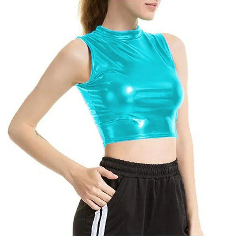 Plus Size Metallic Crop Top - Summer O-Neck Sleeveless Vest, High ...