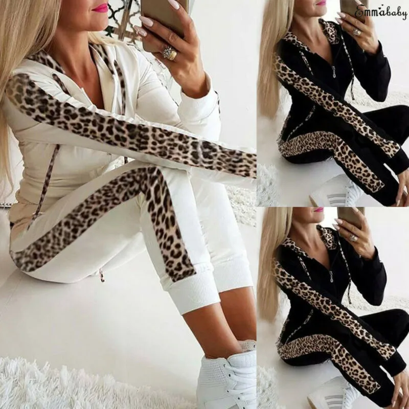 Leopard Print Tracksuit Womens Set: Long Sleeve Hoodie & Pants. Trendy ...