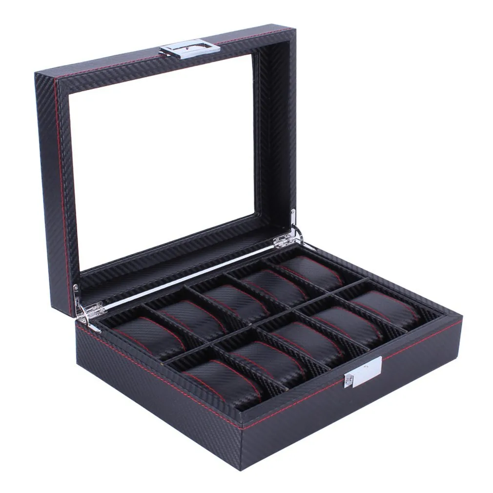 10 Grids Carbon Fibre Pattern Watch Box Watch Holder Organizer Storage ...