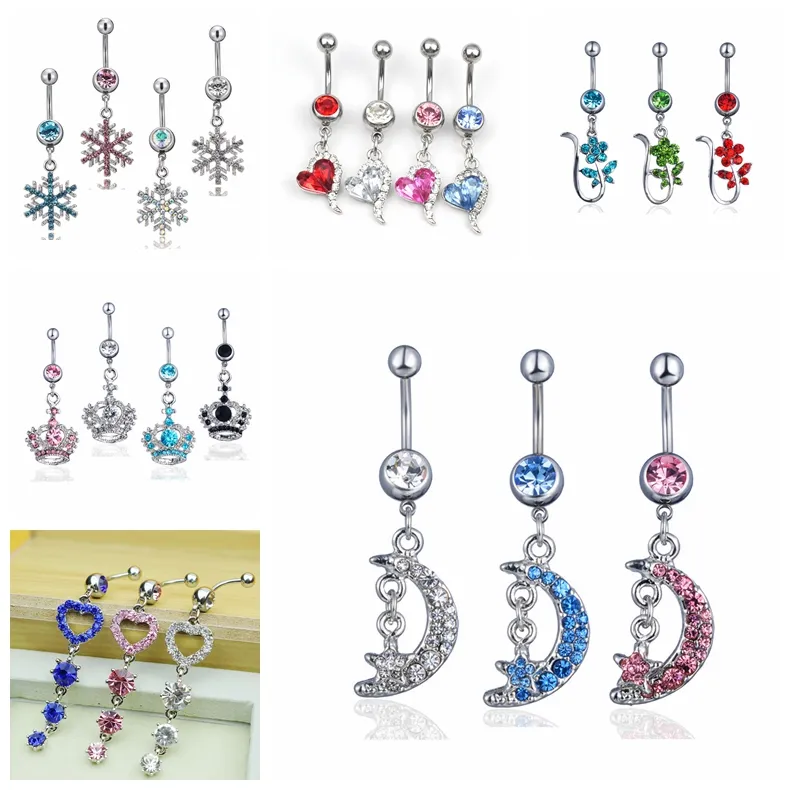Elegant Crystal Belly Button Rings: Moon, Star, Butterfly & Flower Designs, Stainless Steel ...