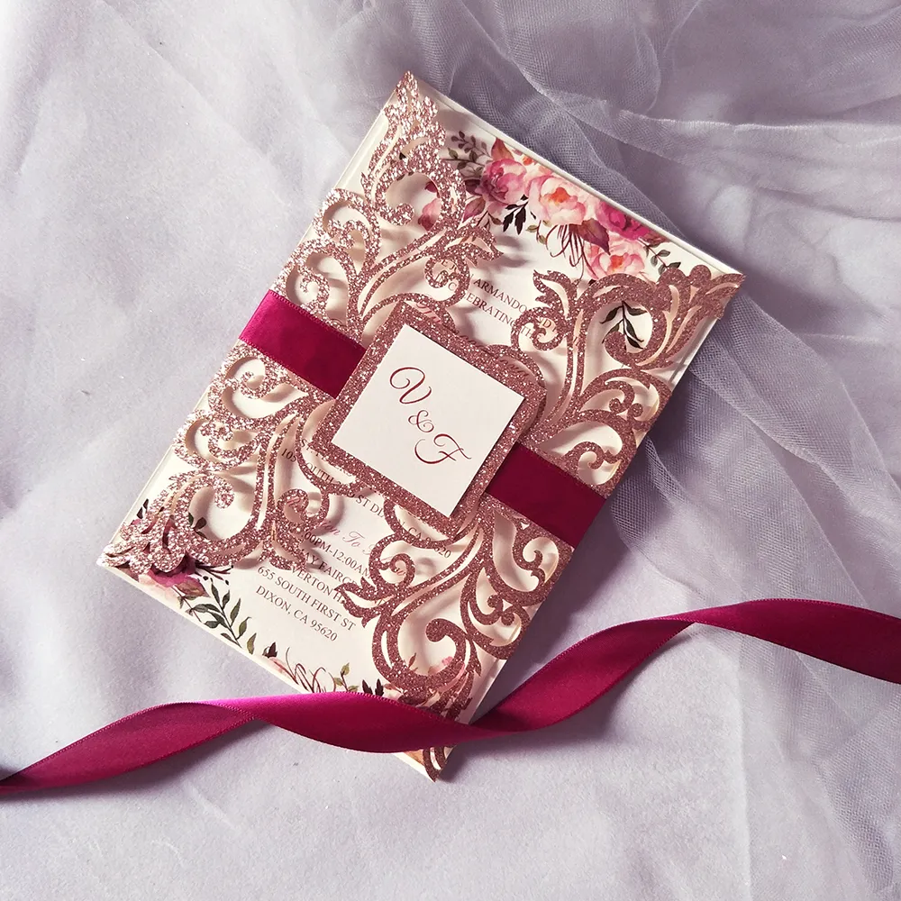 Pink and Gold Glitter Wedding Invitation Cards, Laser-Cut Flower ...